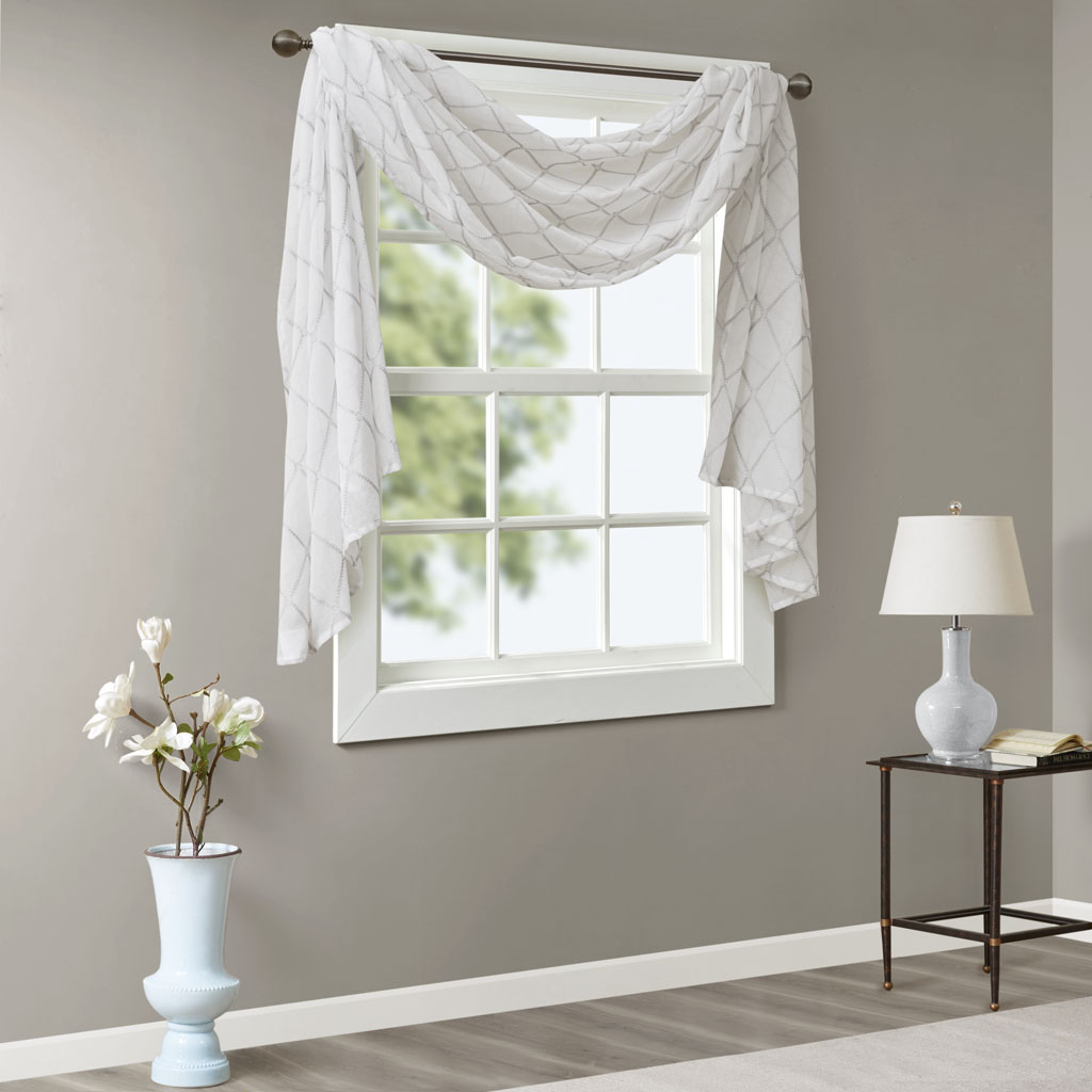 Madison Park Irina Diamond Sheer Embroidered Window Scarf Designer Living